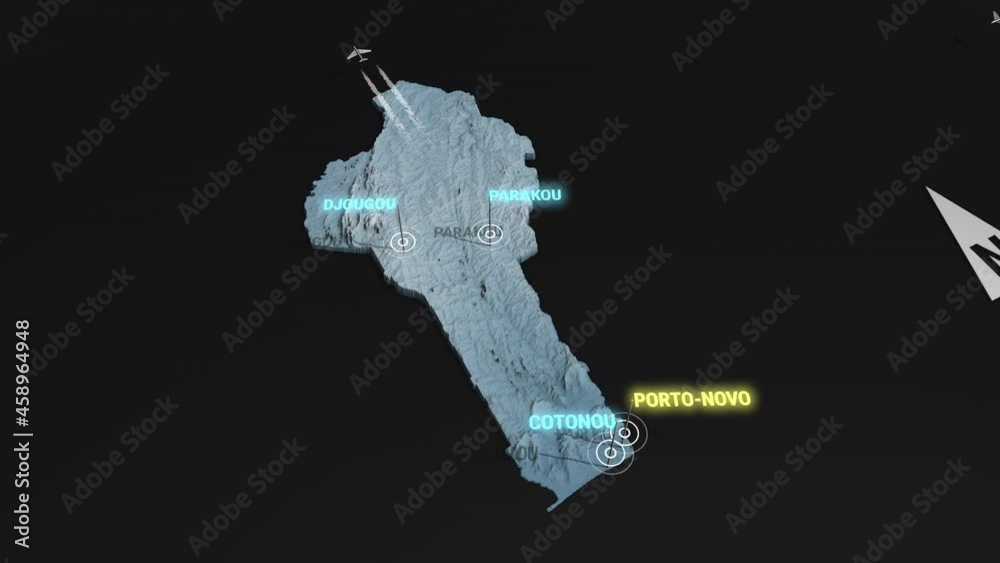 Seamless looping animation of the 3d terrain map at nighttime of Benin ...
