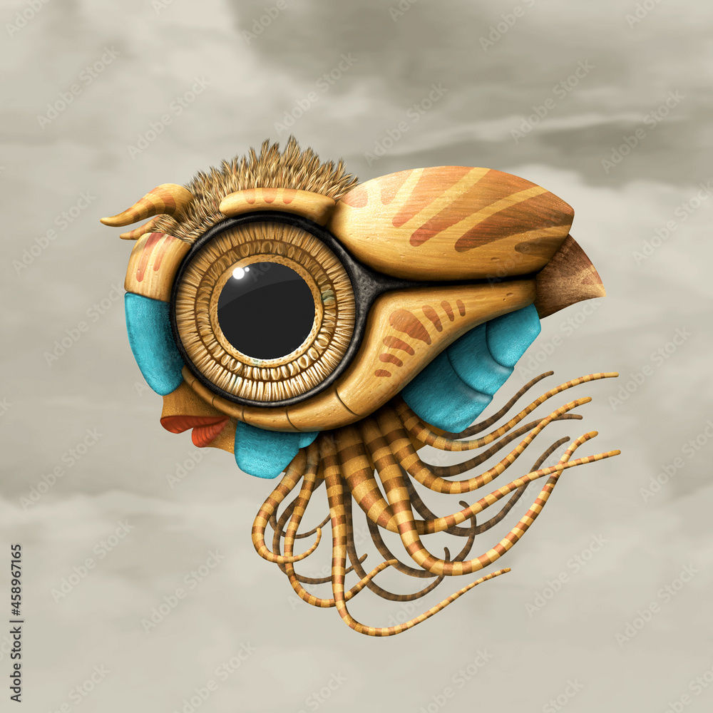 Surreal illustration of flying creature with large eyes tentacles shell ...