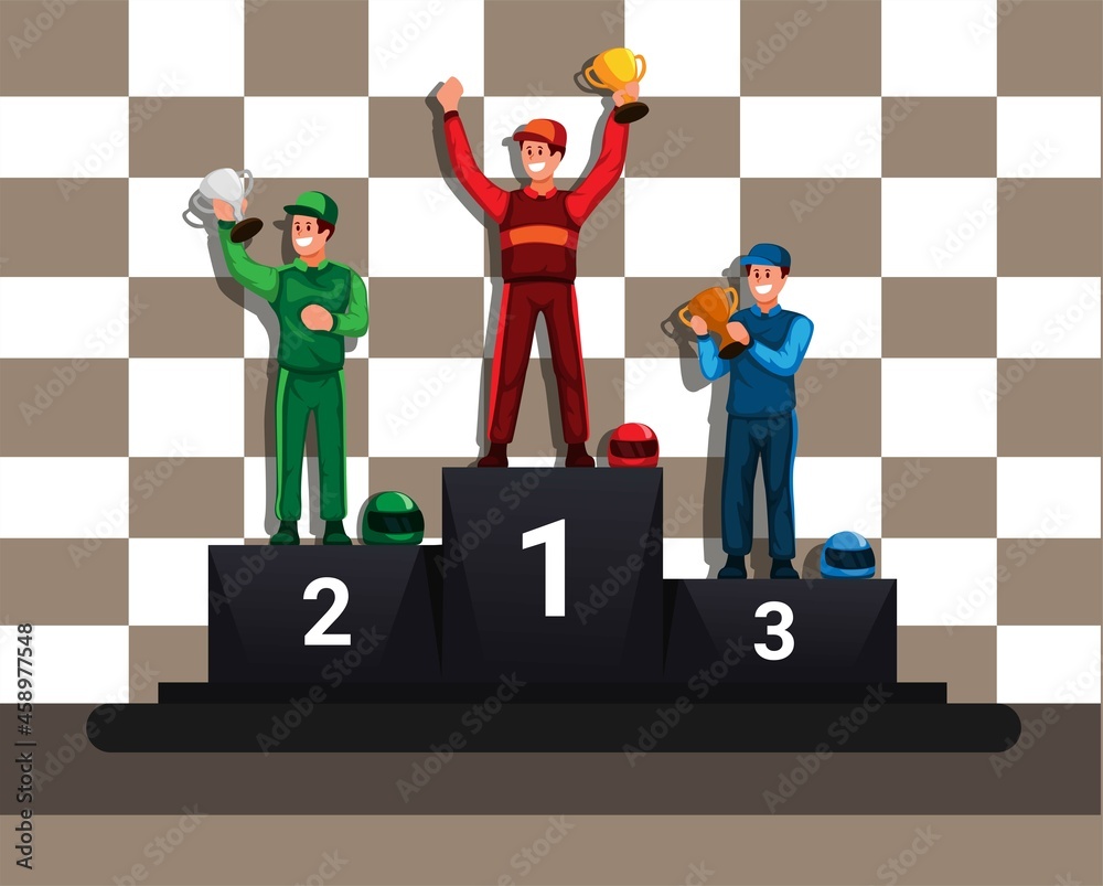 Racer winner champion in podium cup thropy award ceremony cartoon ...