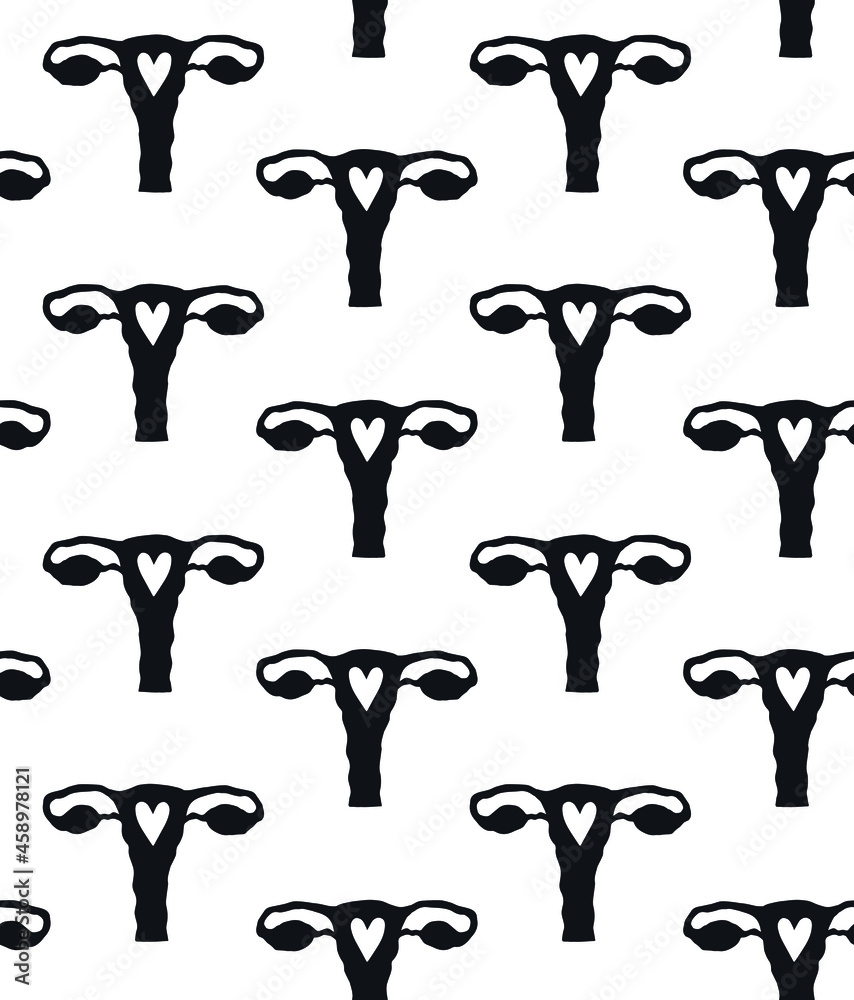 Vector seamless pattern of flat hand drawn uterus silhouette and heart ...