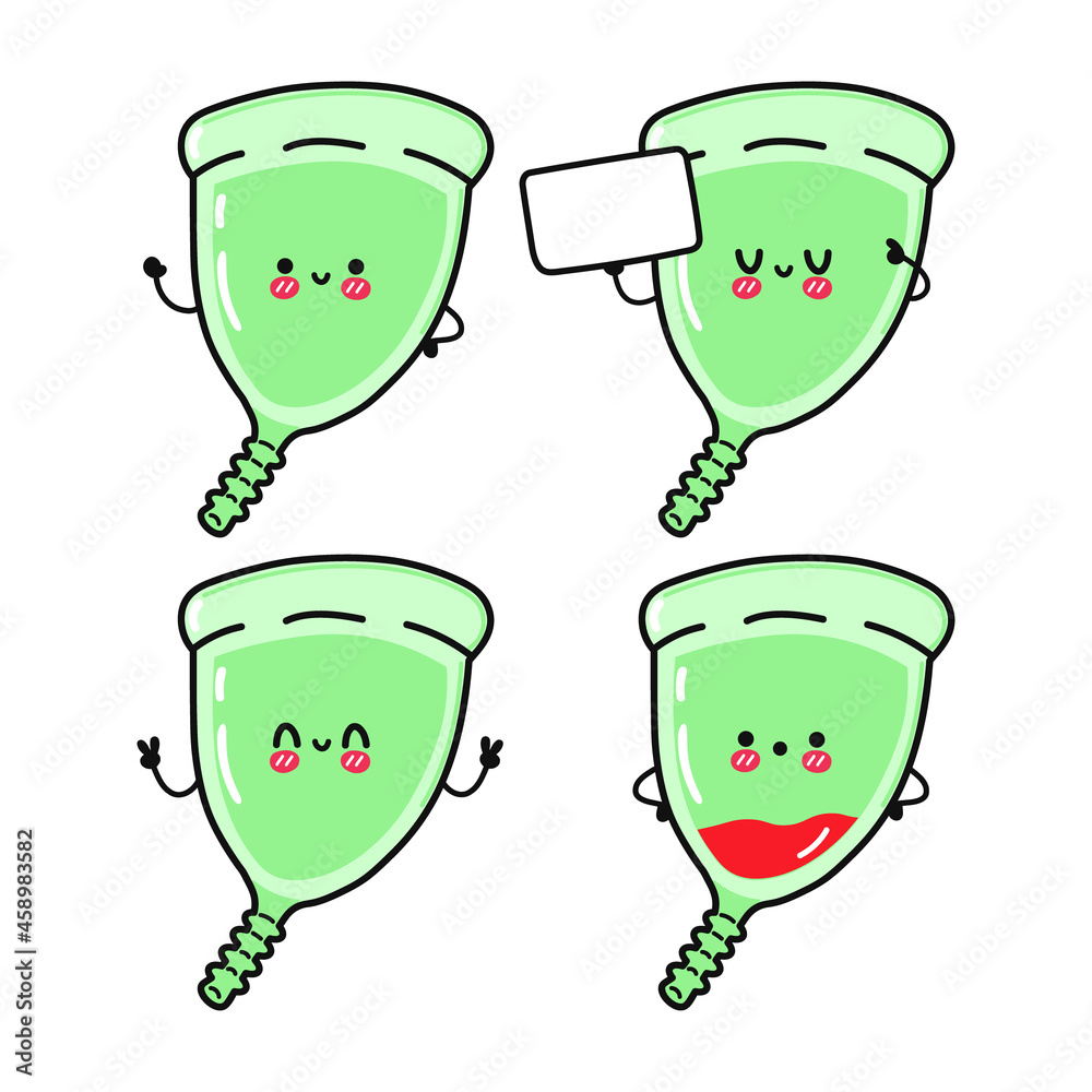 Funny cute happy menstrual cup characters bundle set. Vector hand drawn ...