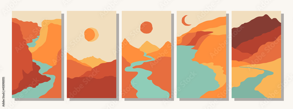 Set of five beautiful vertical abstract minimal landscapes, backgrounds ...