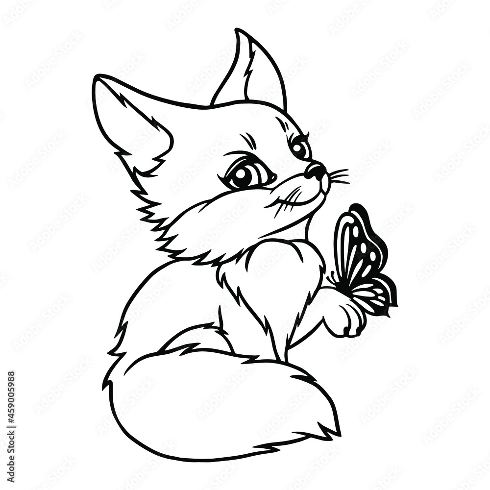 Little cute fox with a butterfly in its paw. Clipart illustration for ...