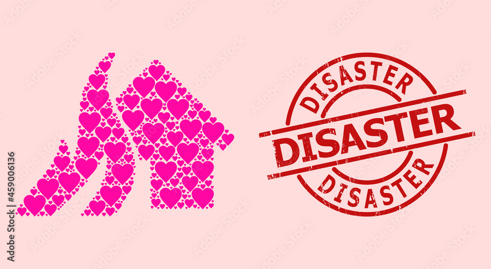 Scratched Disaster stamp, and pink love heart collage for burn house ...