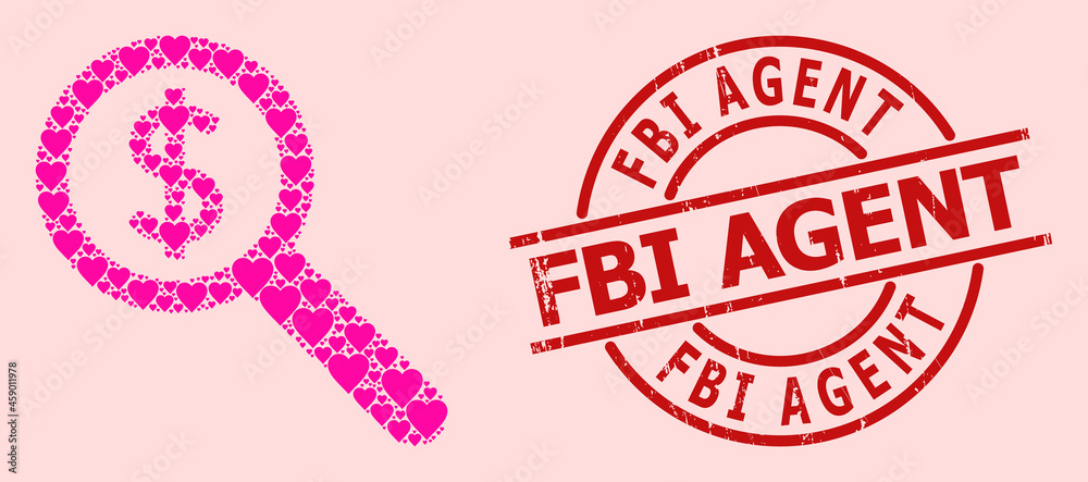 Grunge FBI Agent stamp, and pink love heart collage for financial audit ...