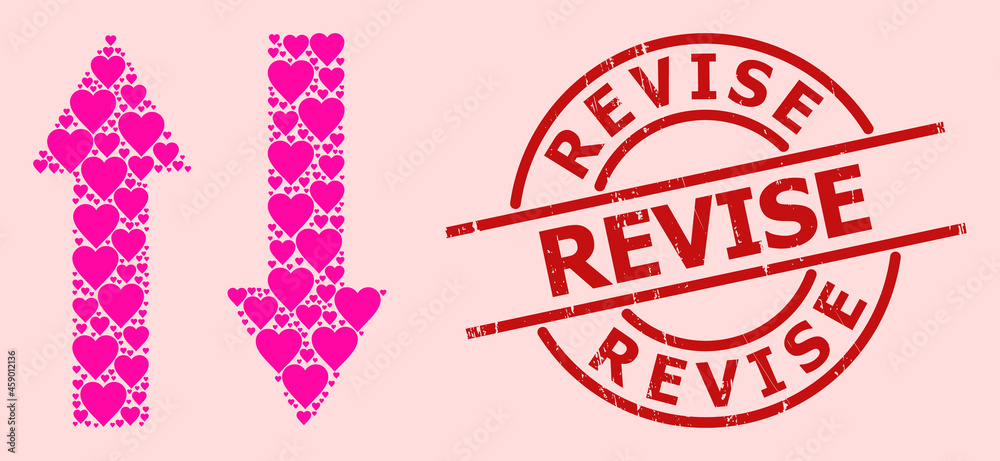 Grunge Revise stamp, and pink love heart mosaic for vertical exchange ...