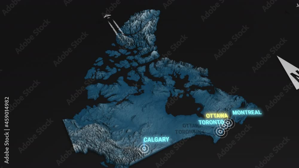 Seamless looping animation of the 3d terrain map at nighttime of Canada ...