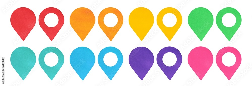 Water color illustration set of colorful location pin icons in various ...