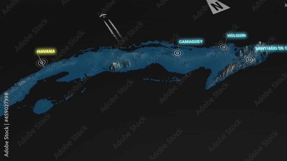 Seamless looping animation of the 3d terrain map at nighttime of Cuba ...
