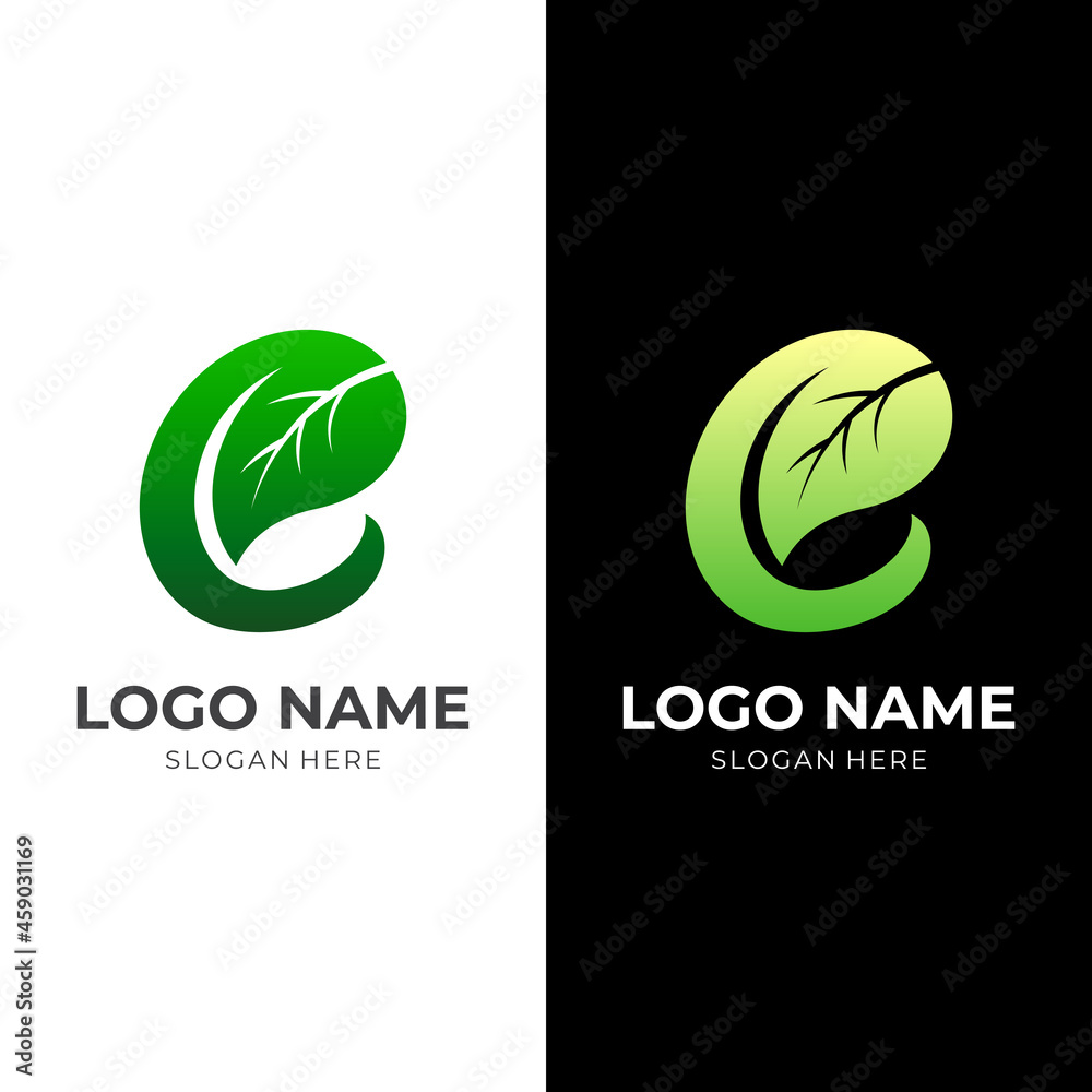 letter e leaf logo template, letter e and leaf, combination logo with flat green color style ...