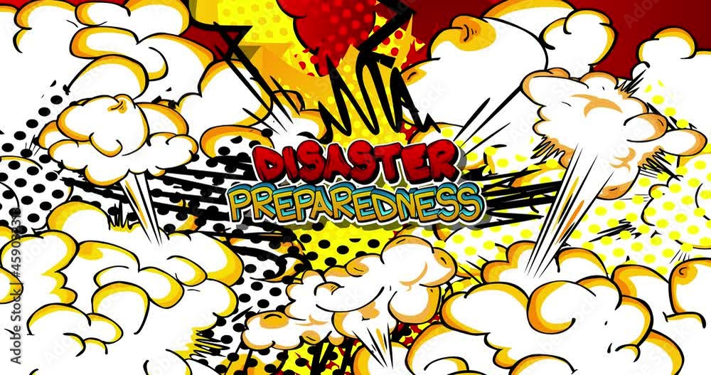 Disaster Preparedness. Motion poster. 4k animated red Comic book word ...