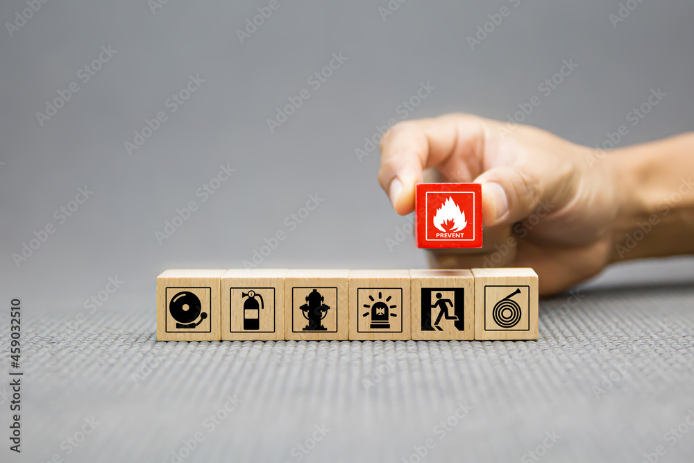 Fire prevention, Cube wooden toy block stack with prevent icon with ...