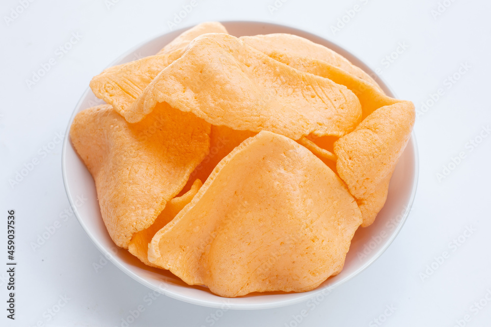 Prawn crackers on white background. Shrimp crispy rice snack Stock ...