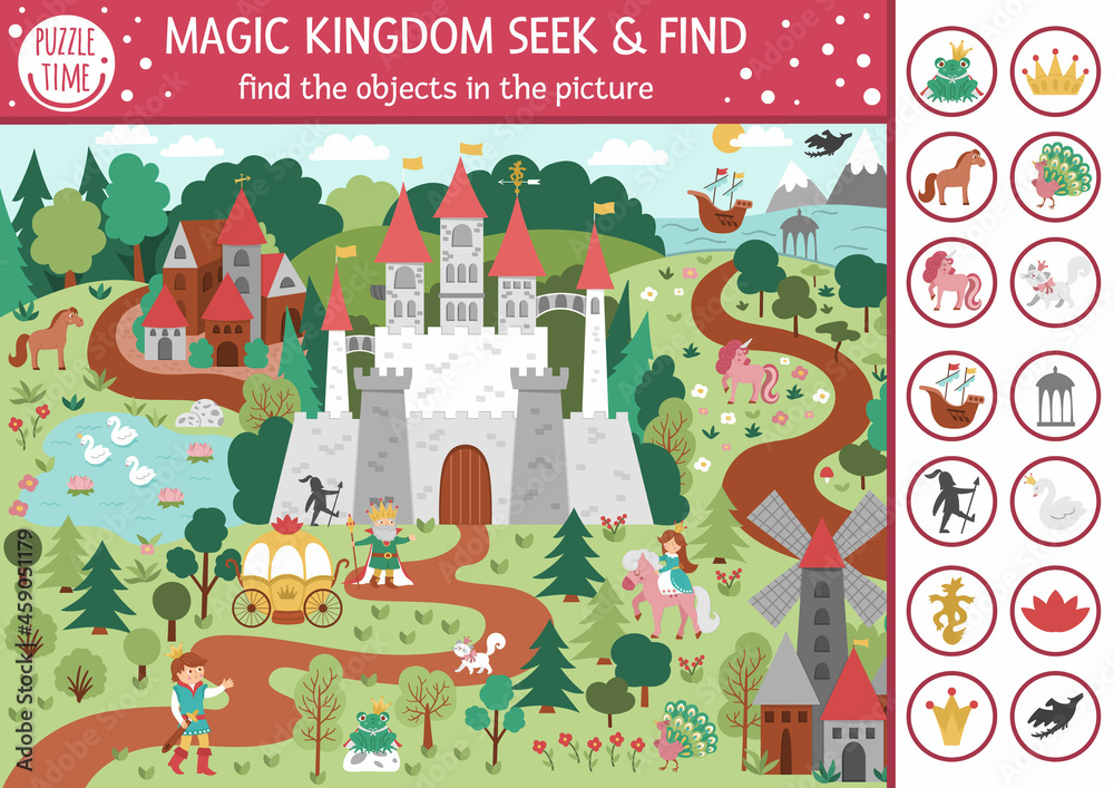 Vector fairytale searching game with medieval castle landscape. Spot ... Vector fairytale searching game with medieval castle landscape. Spot ...