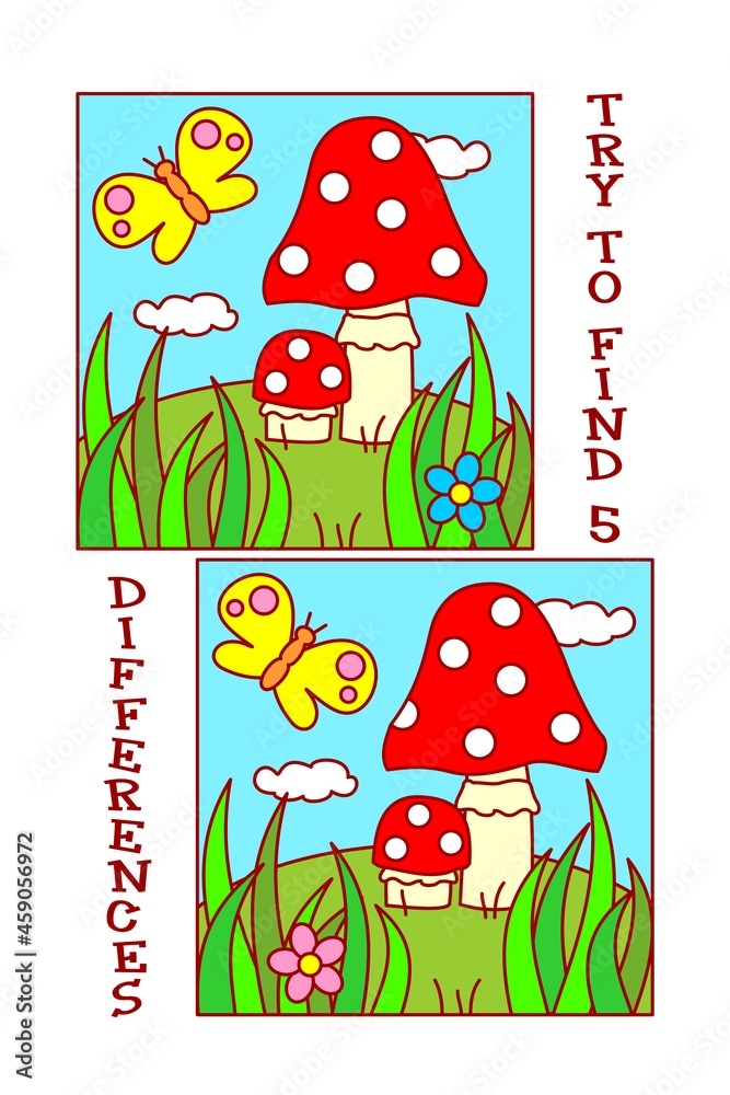 Find differences visual puzzle or picture riddle with toadstools and ...
