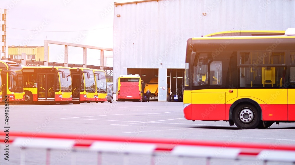 City buses parking on bus depot. Stock Photo | Adobe Stock