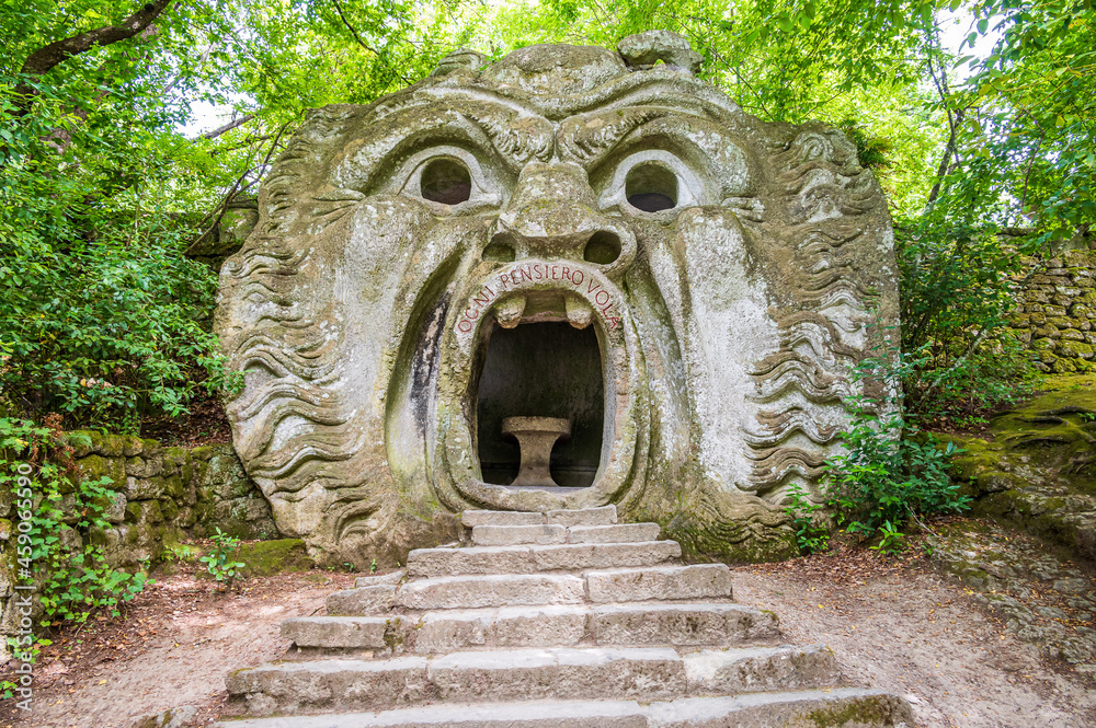 Orcus mouth, statue in the Sacred Grove of Bomarzo Stock Photo | Adobe ...
