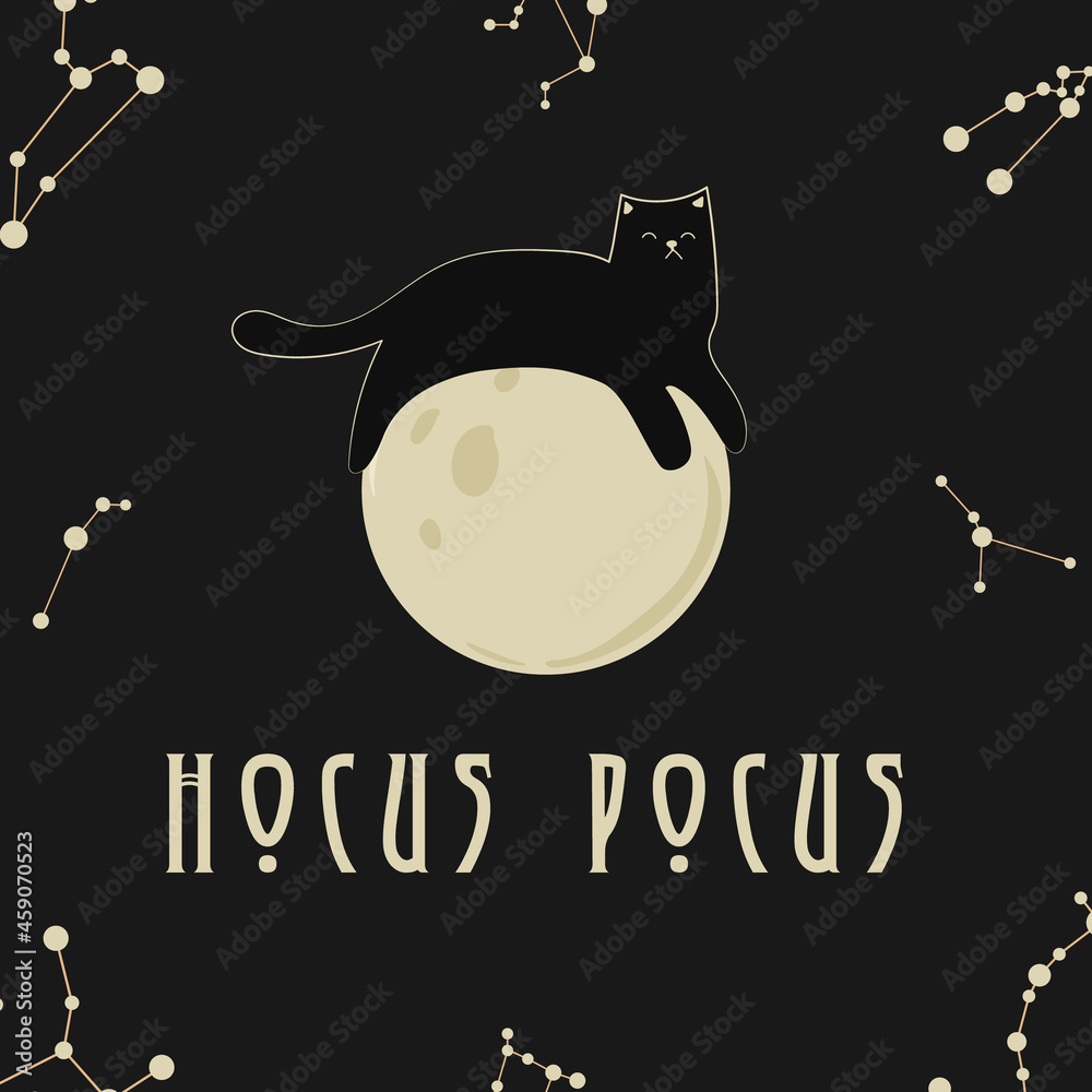 Inscription hocus pocus. Lying black cat on the moon. Illustration of ...