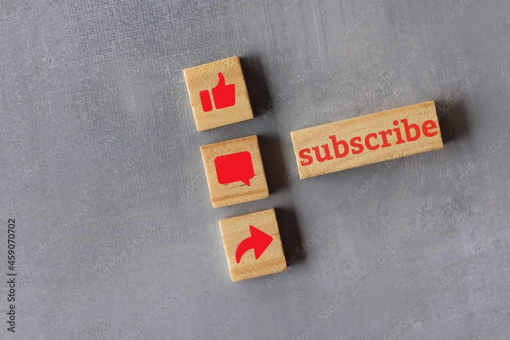 Technology and media social concept. Top view of wooden cubes with text ...