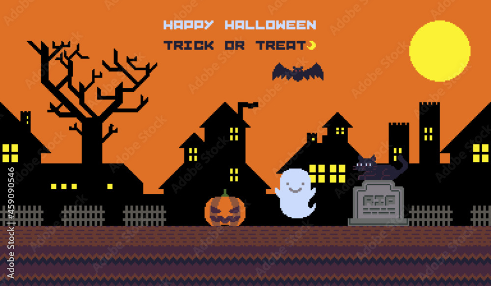 Halloween pixel art vector illustration of background, pumpkin, ghost ...