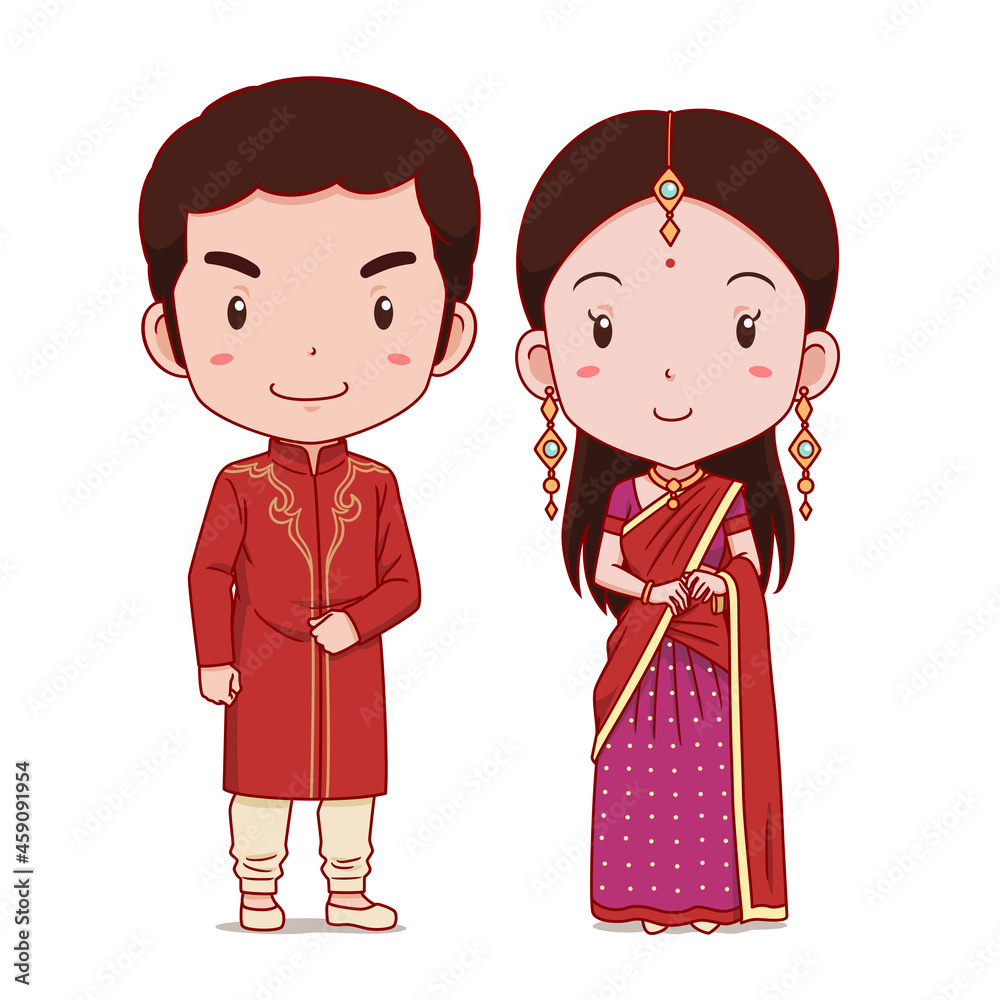 Couple of cartoon characters in India traditional costume. Stock Vector ...