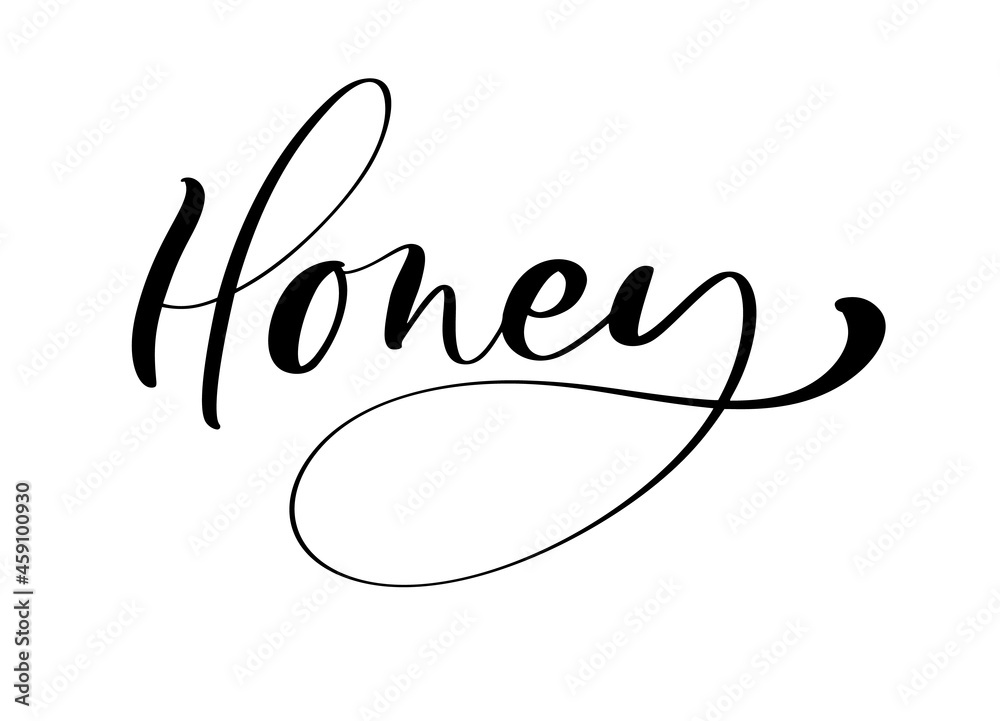 Honey calligraphy lettering text. Vector bee hand lettering word in ...