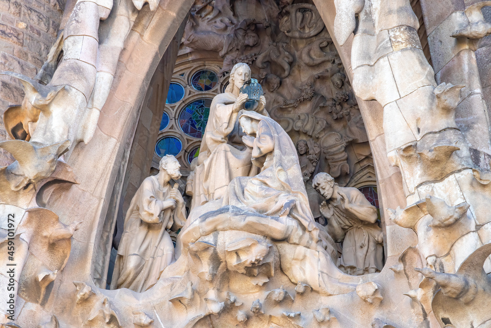 Detail of the coronation of the Virgin Mary in the facade of sacred ...