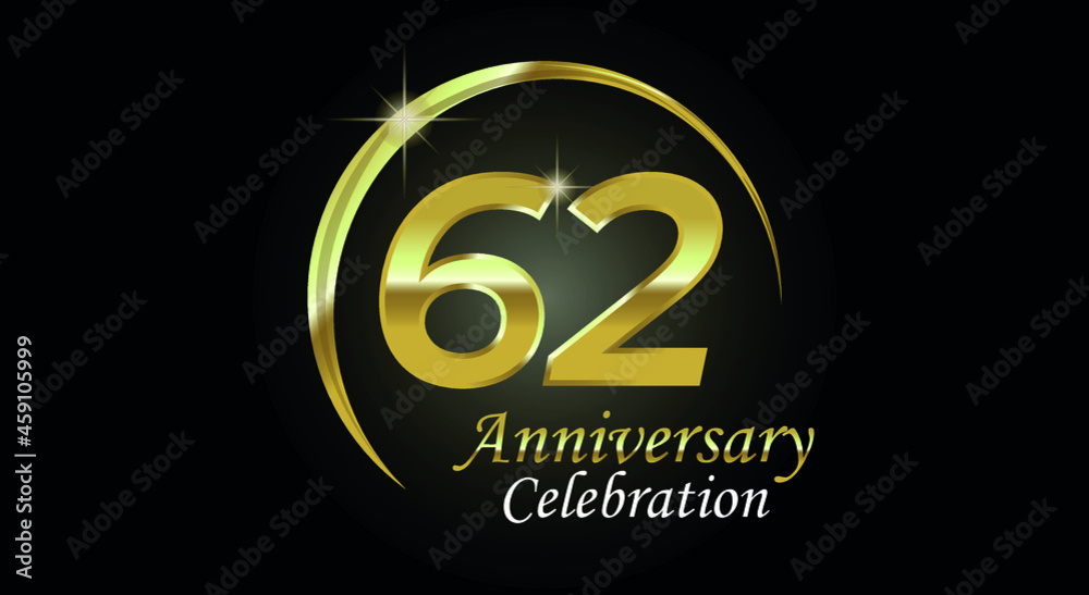 62 years anniversary celebration. Anniversary logo with ring in golden ...