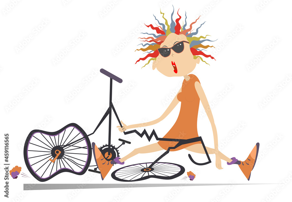 Sad cyclist woman and broken bike illustration. Cartoon cyclist woman ...