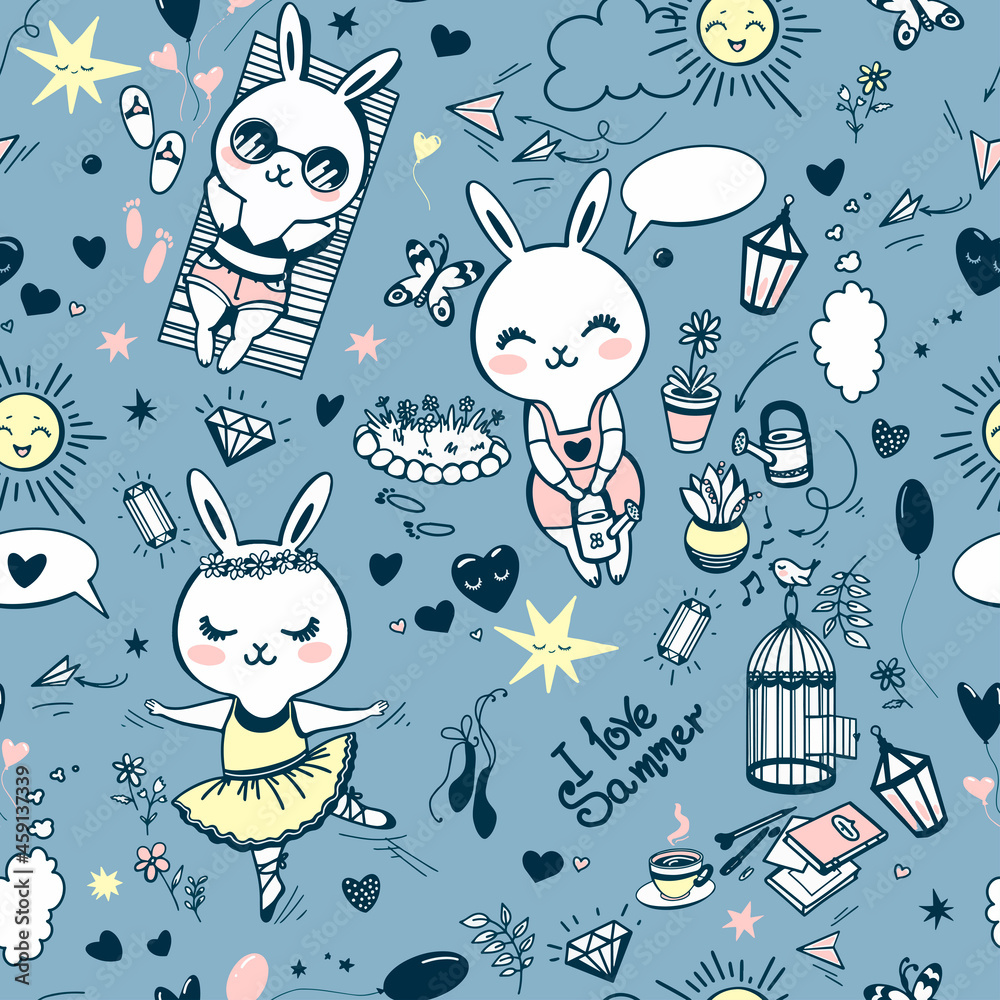 Doodle images template of cute rabbits and objects. Pattern of cute ...