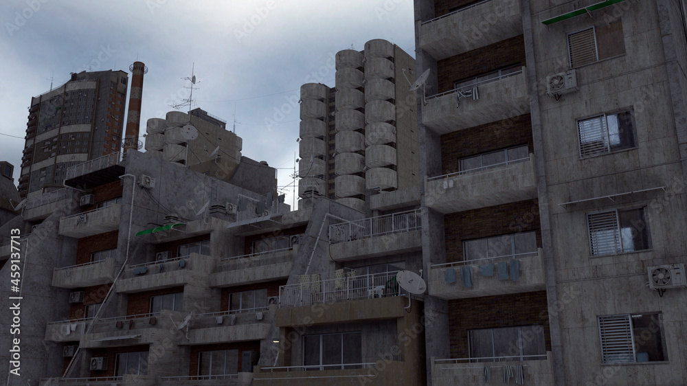 Gloomy city landscape. Urban slums. Concrete multi-storey buildings ...