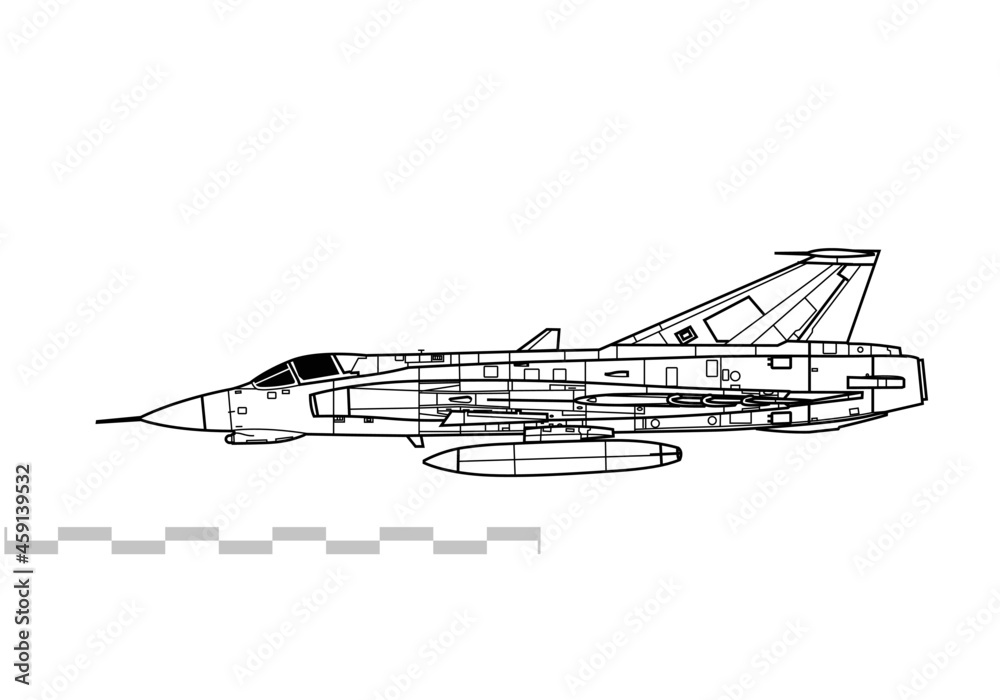 Saab J35 Draken. Vector drawing of multirole fighter. Side view. Image ...