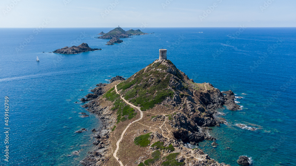 Aerial view of the remains of the Genoese Tower of La Parata built on ...