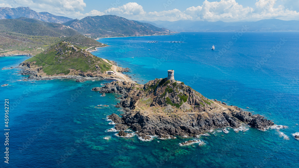 Aerial view of the remains of the Genoese Tower of La Parata built on ...