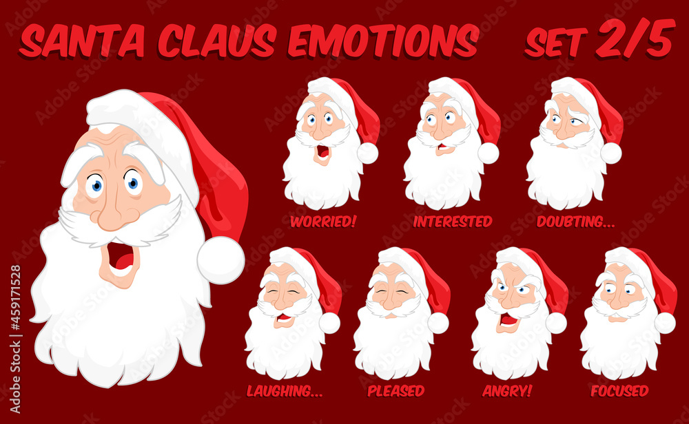 Cartoon Santa Claus face emotions, vector illustration, set 2 Stock ...