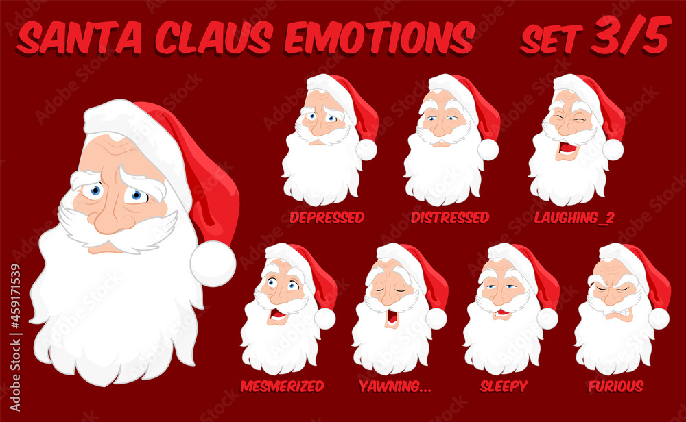Cartoon Santa Claus face emotions, vector illustration, set 3 Stock ...