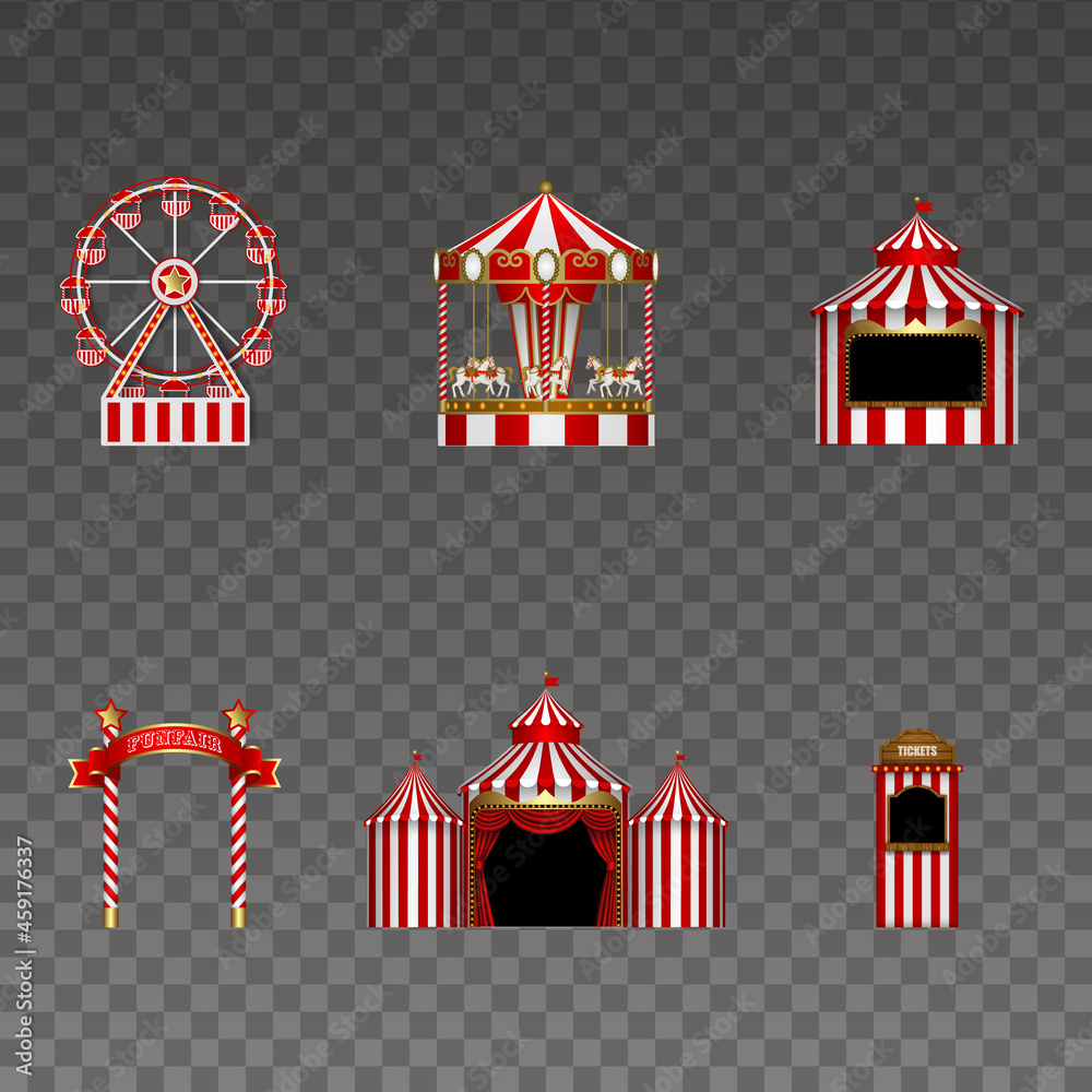 Set of funfair elements. isolated ferris wheel, carousel, stall ...