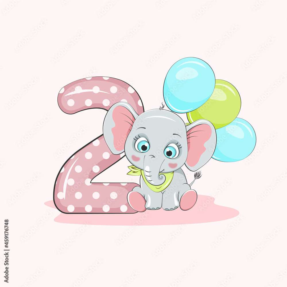 Cute baby elephant with number two and baloons for second month or ...