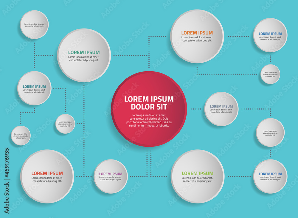 Vetor de Mind map visualization template with red and gray circles and ...