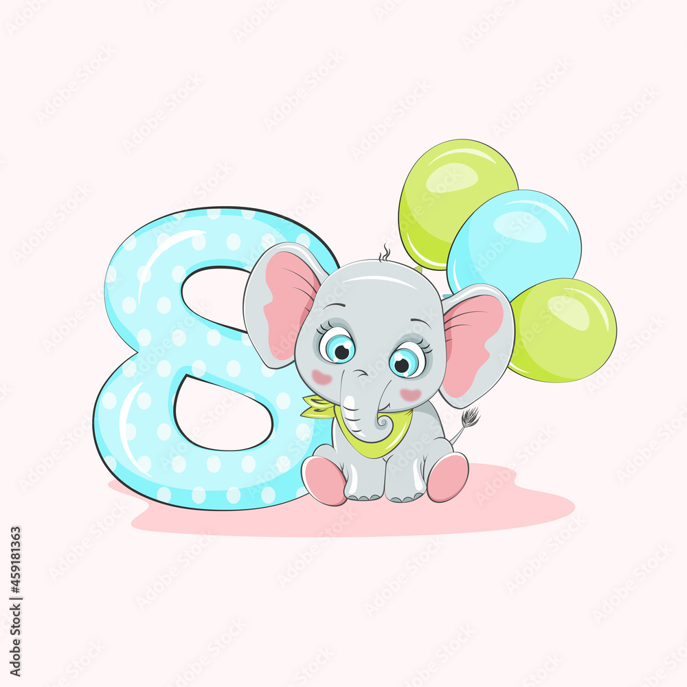 Cute baby elephant with number eight and balloons for the eighth month ...