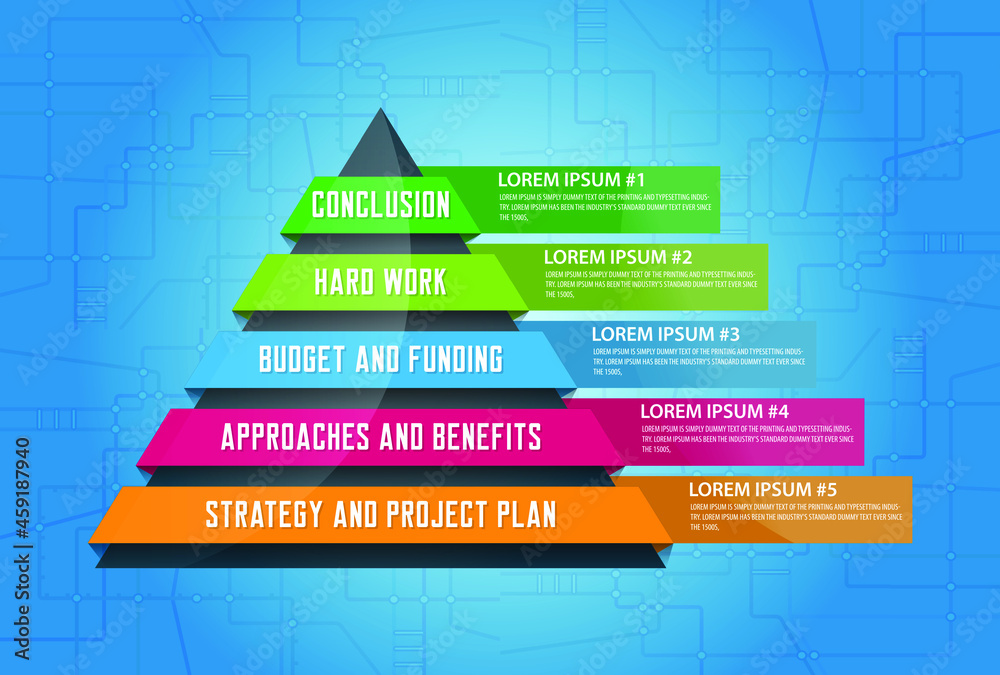 The five P's of Marketing in colored pyramid infographics with five ...