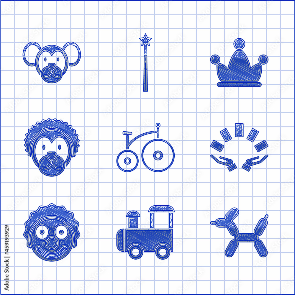 Set Vintage bicycle, Toy train, Balloon dog, Hand holding playing cards ...