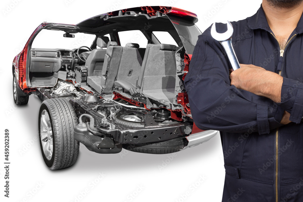 Auto mechanic with cross section car in white background of garage ...