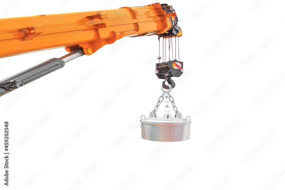 Magnetic crane for handling scrap and steel isolated on white ...