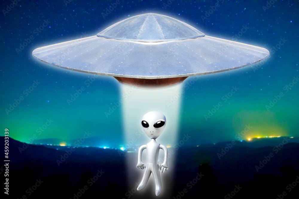 Alien sky beams. UFO spaceship with light beam Stock Photo | Adobe Stock