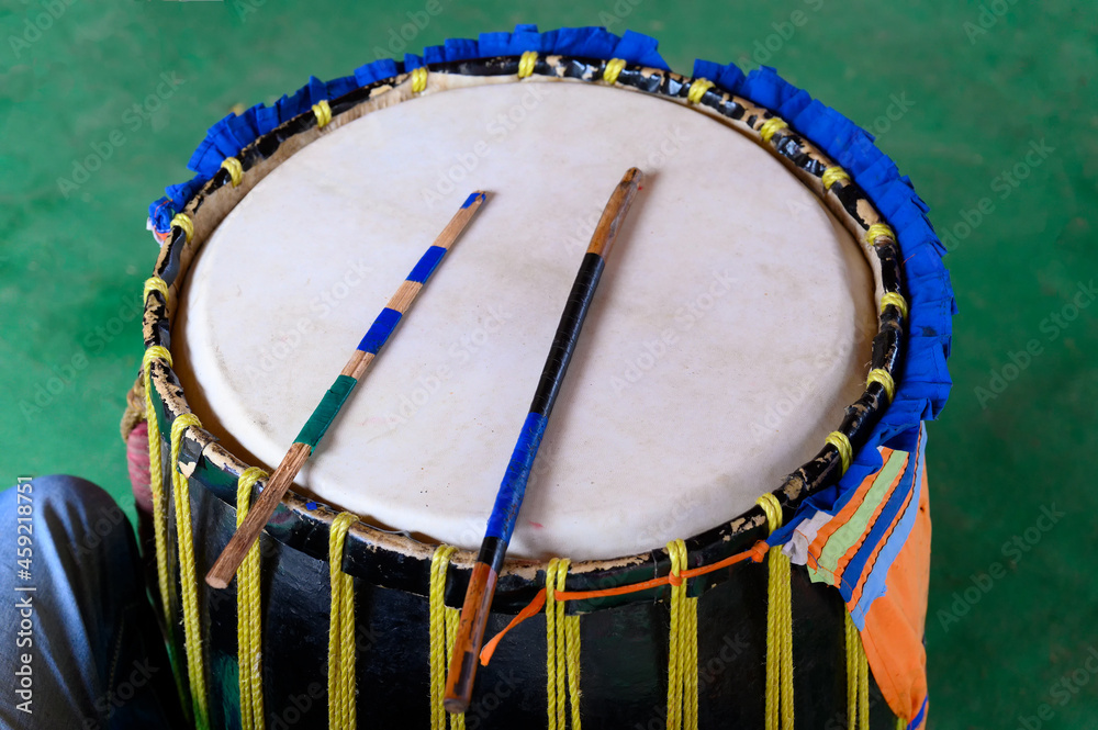 Dhaaks, a musical instrument, are played during durga puja festival ...