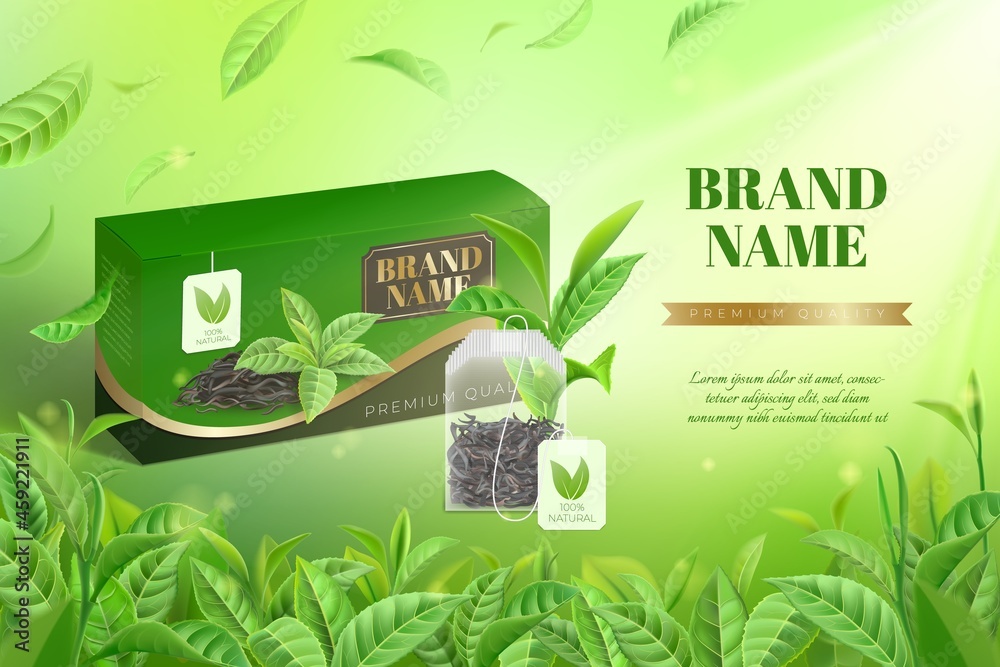 Tea advertisement. Realistic box with green or black premium teabags ...