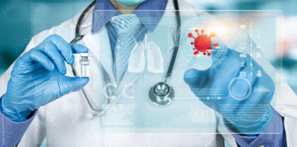 Medicine doctor holding vaccine and anlysis and diagnose checking covid ...