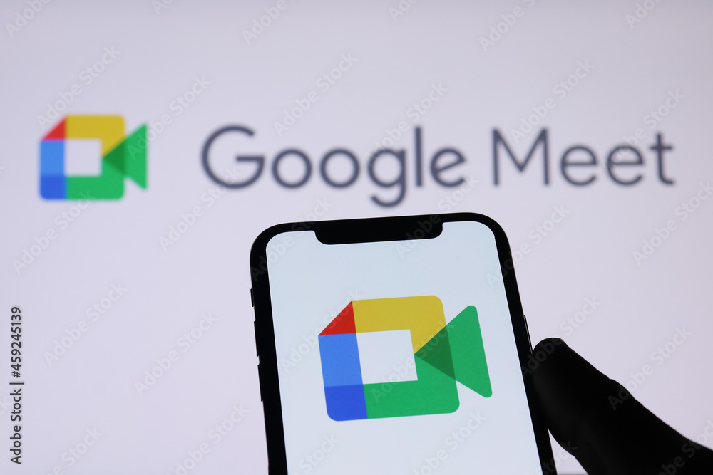 Google Meet logo on phone screen and Google Meet logo background on ...