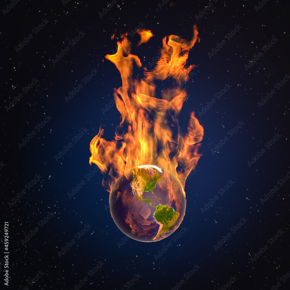 Global Warming Concept: The earth is on fire. Flames erupting from ...